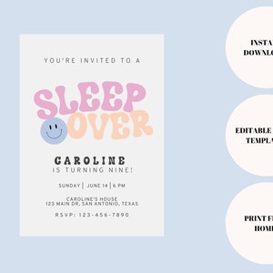 Girl's Sleep Over Birthday Party Template, Preppy Smiley Face Invite ...