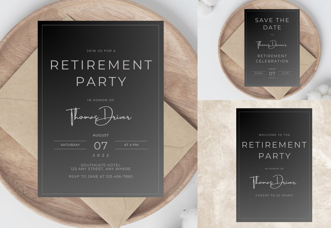 Modern Black Retirement Invitation Bundle, Save the Date, Welcome ...