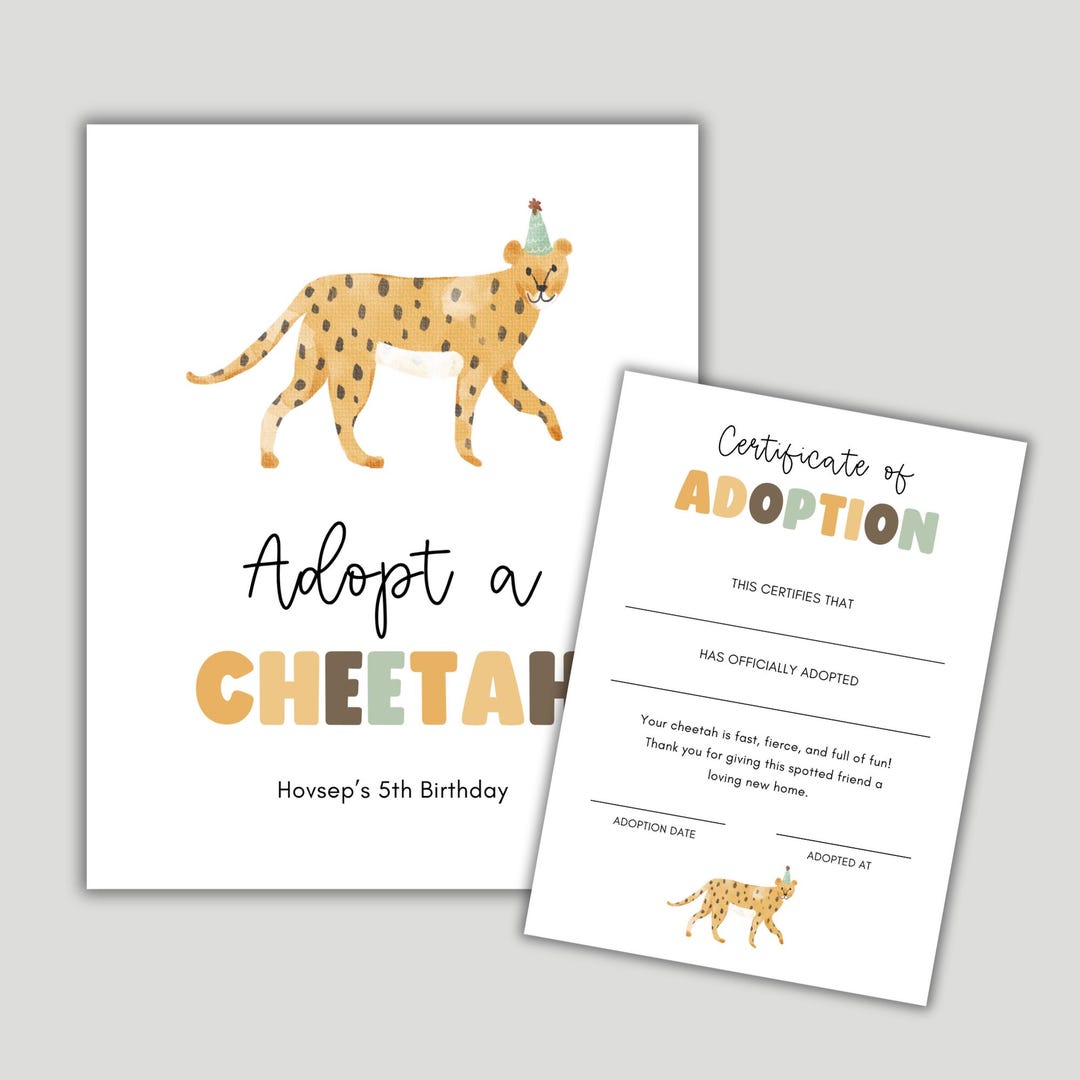 Adopt a Cheetah Sign, Cheetah Adoption Certificate, Birthday Party ...