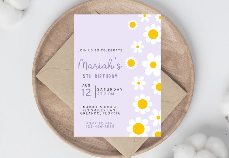 Girl's Birthday Invitation, Daisy Birthday Invite, Lavender, Purple ...