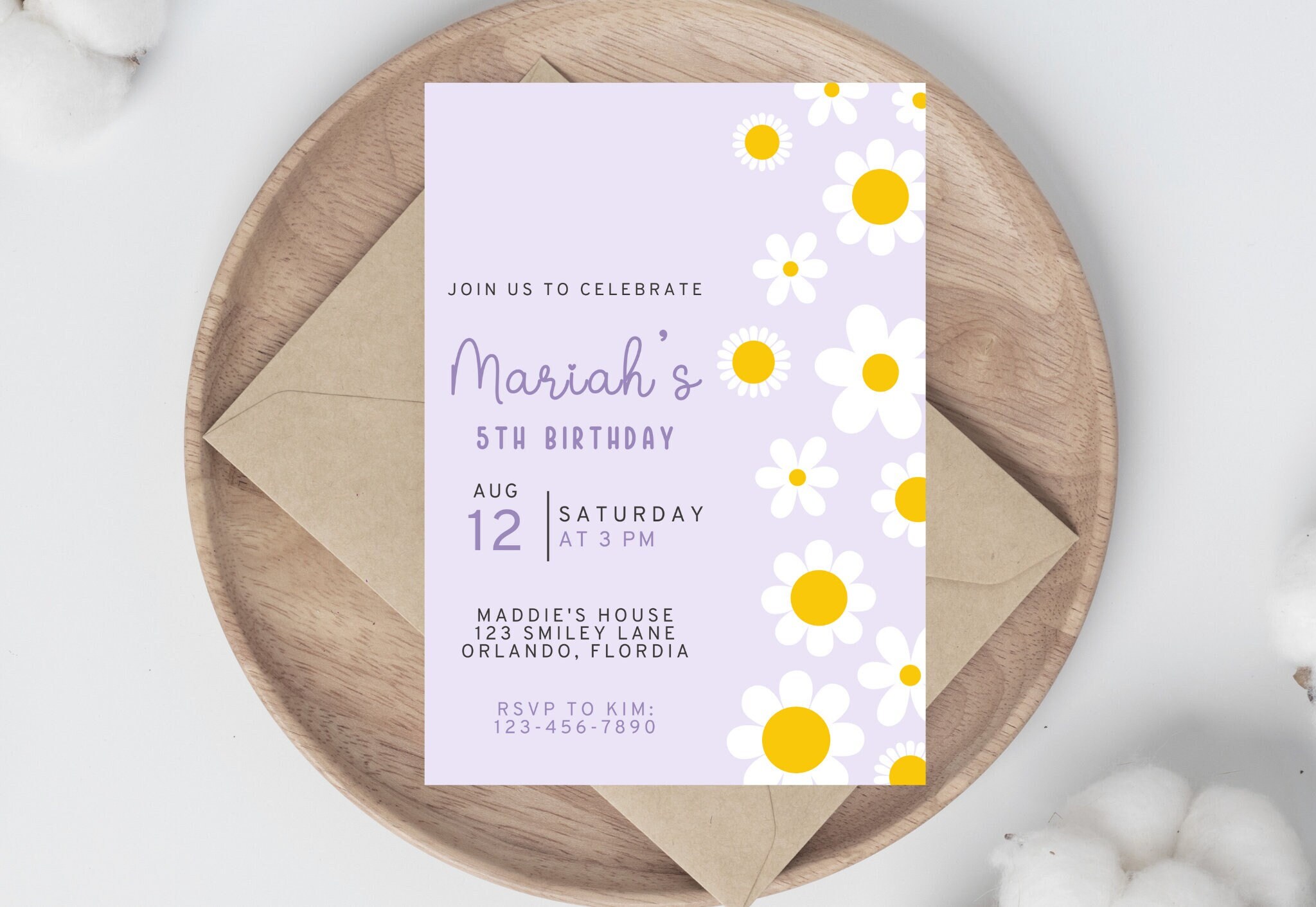 Girl's Birthday Invitation, Daisy Birthday Invite, Lavender, Purple ...