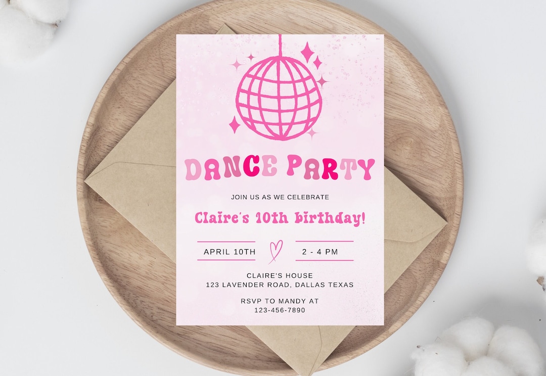 Girl's Pink Dance Party Invitation, Disco Ball, Glitter, Instant ...