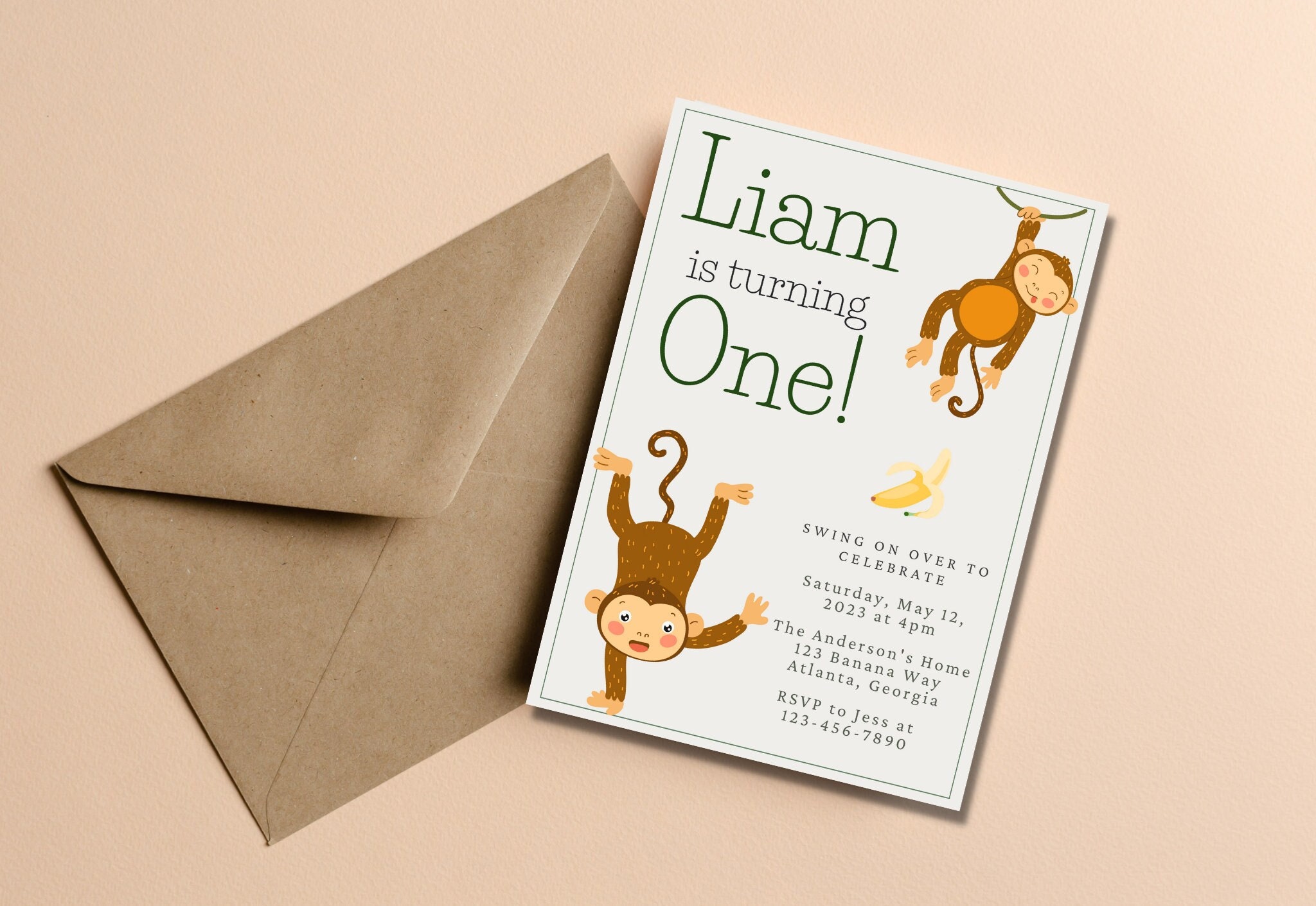 Editable Monkey Birthday Invitation, Boy's Birthday Invite, Swing on Over Party Invite, First ...