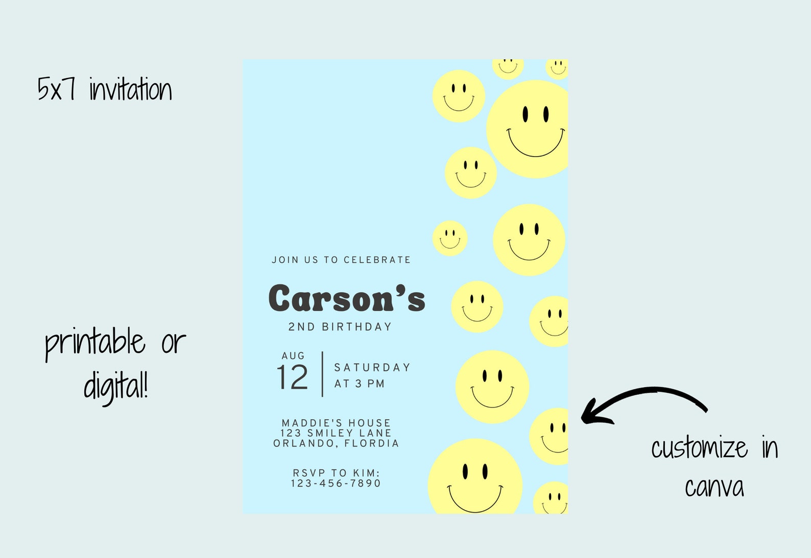 Blue and Yellow Smiley Face Invitation, Kid's Birthday Invite, Instant ...