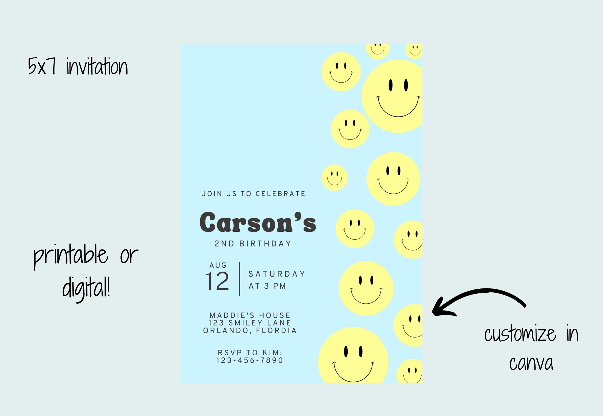 Blue and Yellow Smiley Face Invitation, Kid's Birthday Invite, Instant ...
