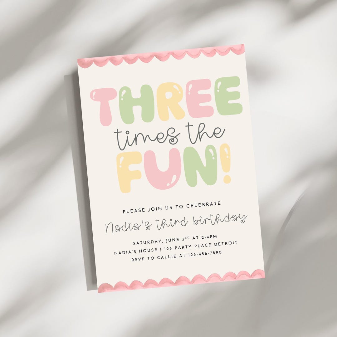 Three Times the Fun Birthday Invitation, Rose and Sage, Girl's 3rd ...