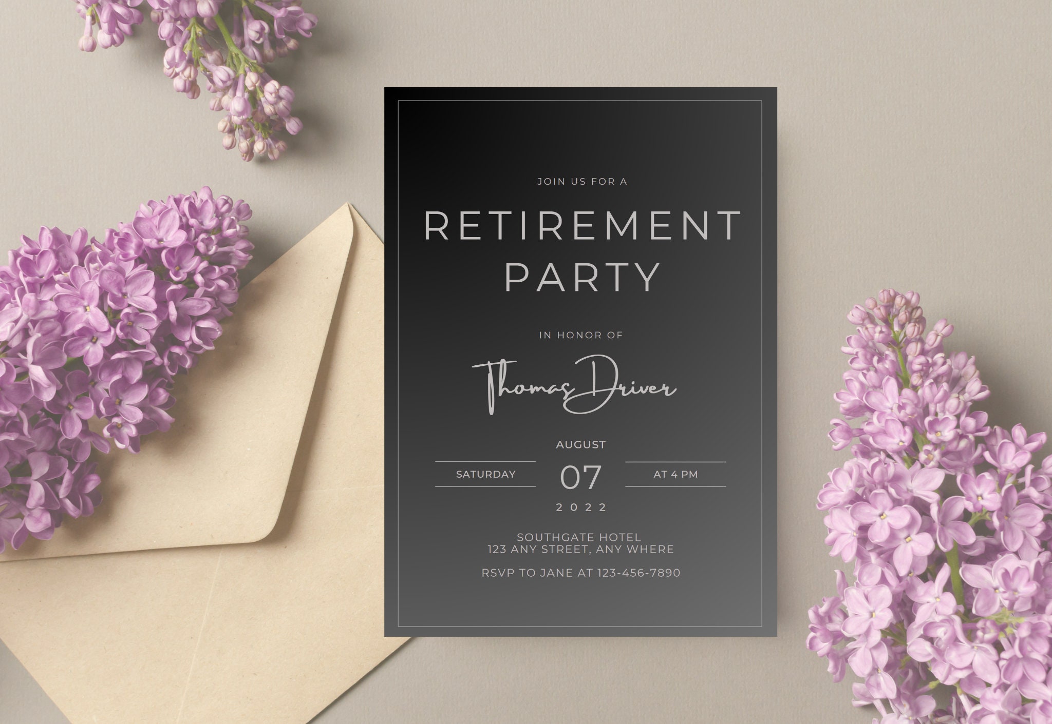 Modern Black Retirement Invitation Template, Printable Formal Invite ...