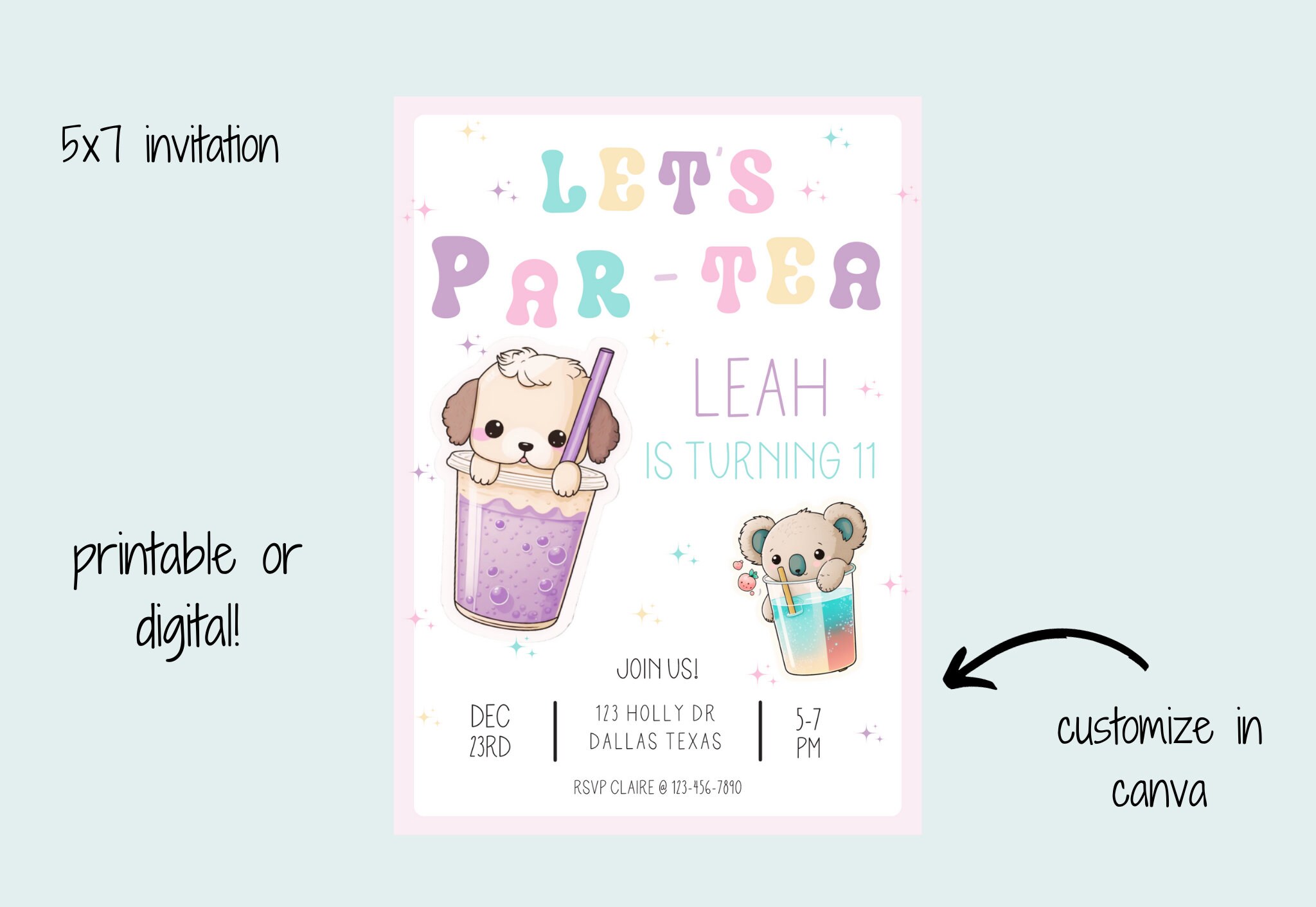 Bubble Tea Birthday Party Invite, Par-tea, Cute Animal Bubble Tea ...
