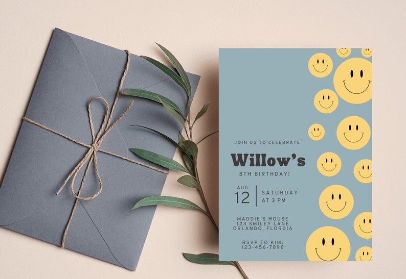 Smiley Face Birthday Invitation Template, Any Age Birthday Party, Blue ...