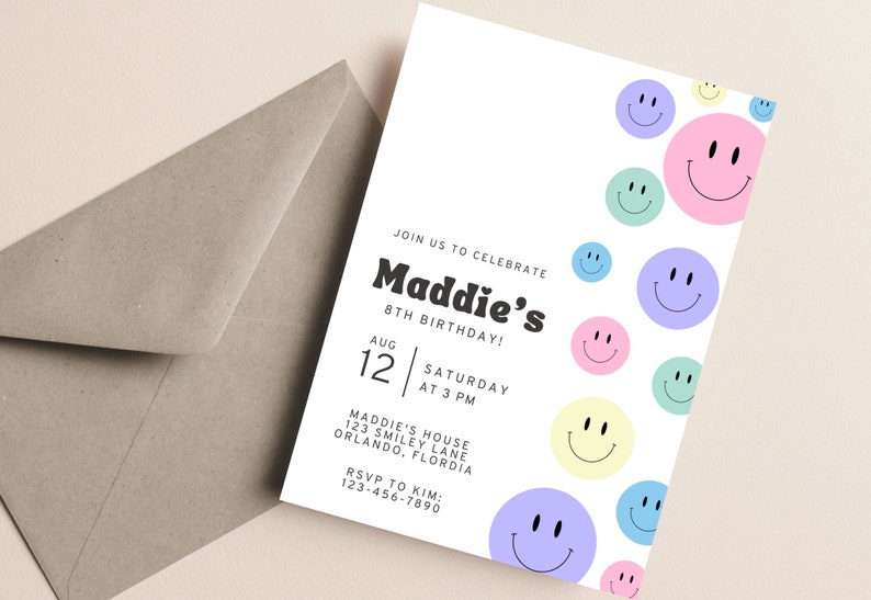 Pastel Smiley Face Birthday Invitation Template, Girl's Rainbow Emoji ...