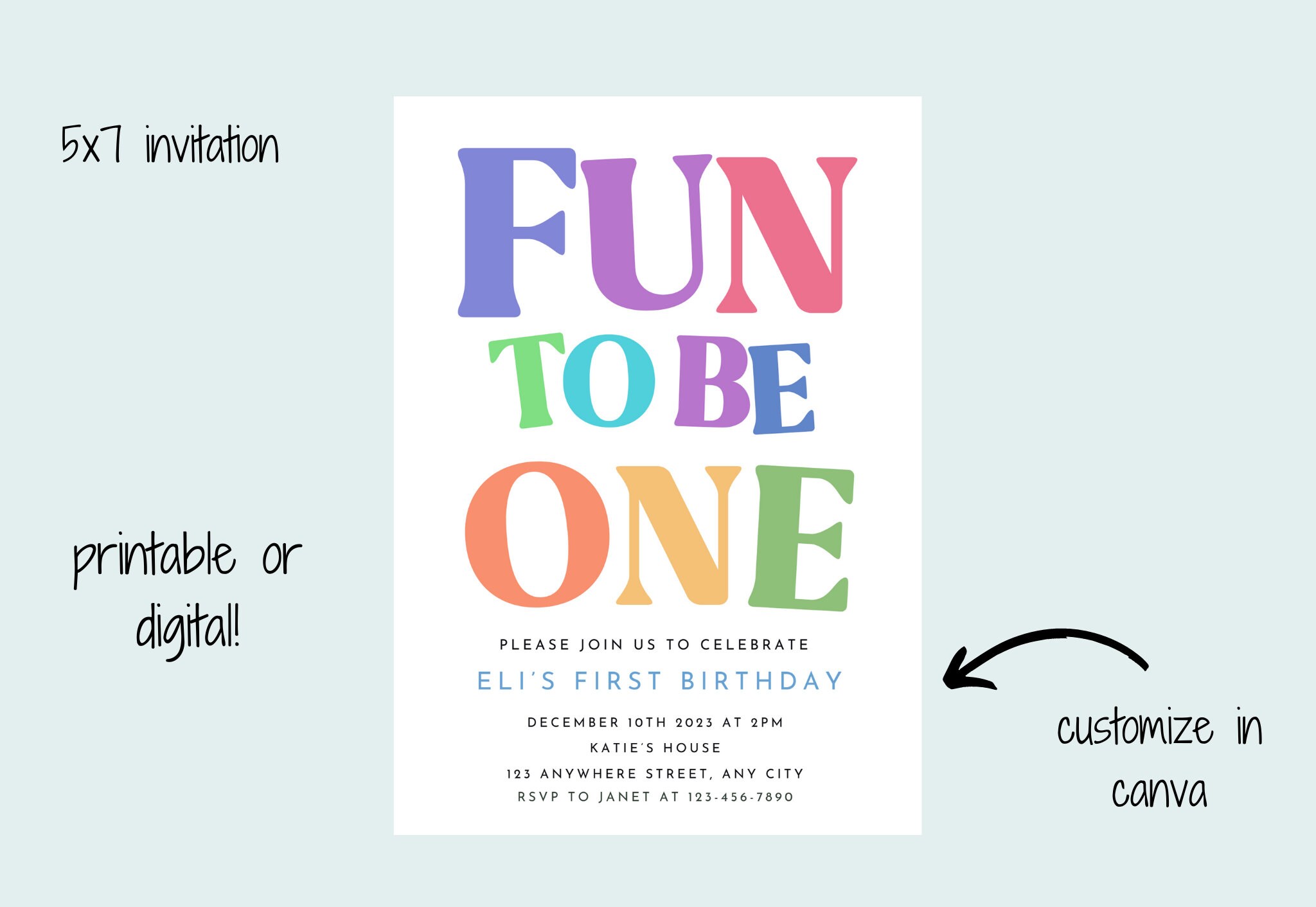 Fun to Be One First Birthday Invitation, 1st Birthday Party, Rainbow ...