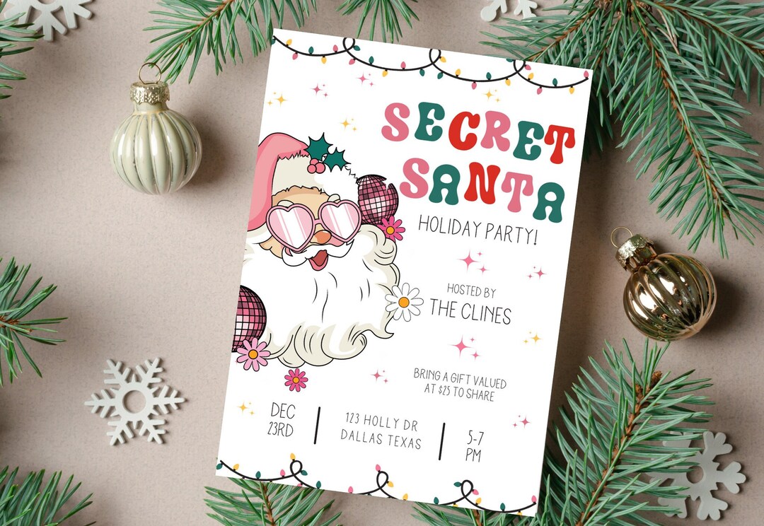 Fun Secret Santa Party Invitation, Holiday Party, Groovy Santa, Instant ...