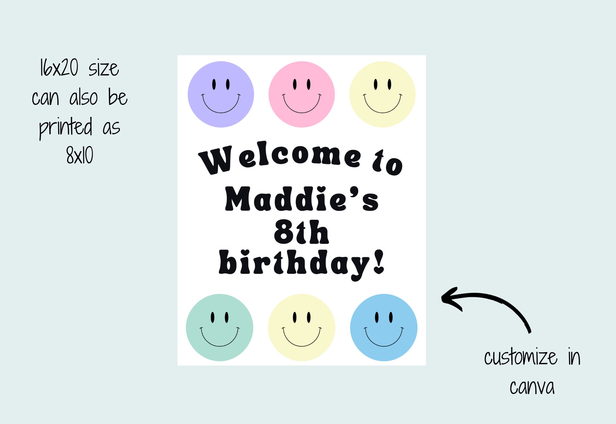 Printable Smiley Face Birthday Welcome Sign, Pastel Smileys, Kid's ...