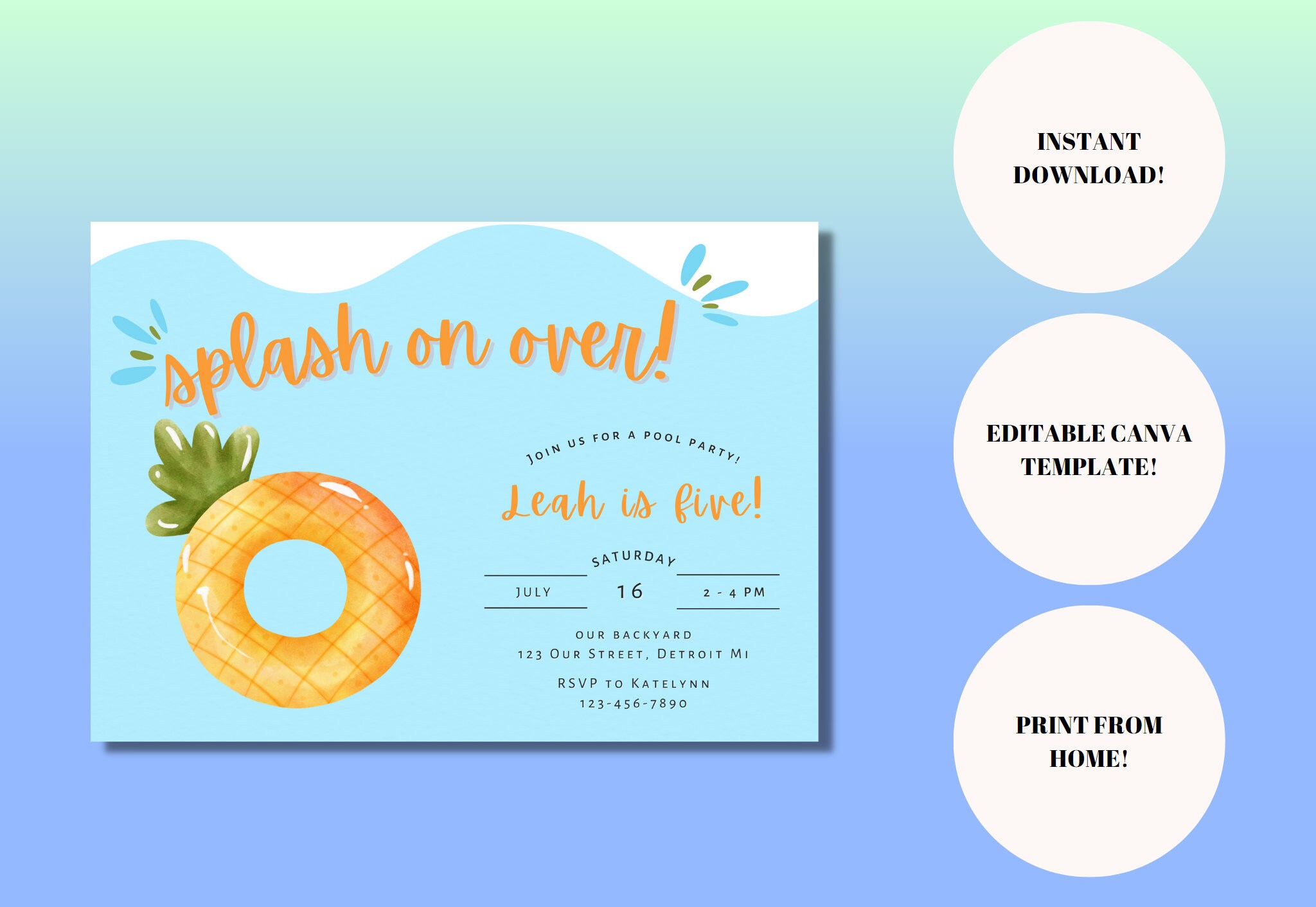 Editable Pool Party Invitation, Pineapple Floatie Splash on Over ...