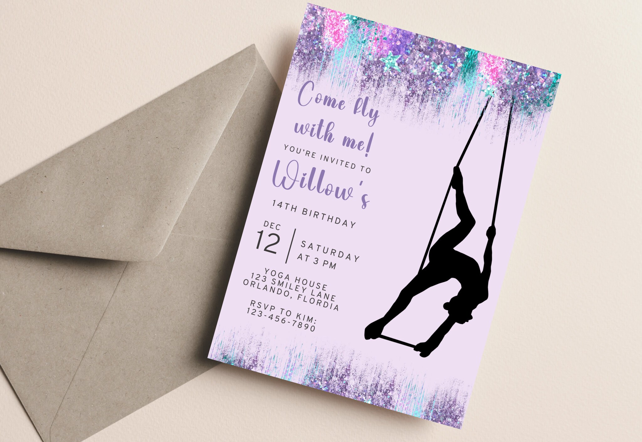 Girs Aerial Silks Birthday Party Invitation Girls Yoga Acrobatics
