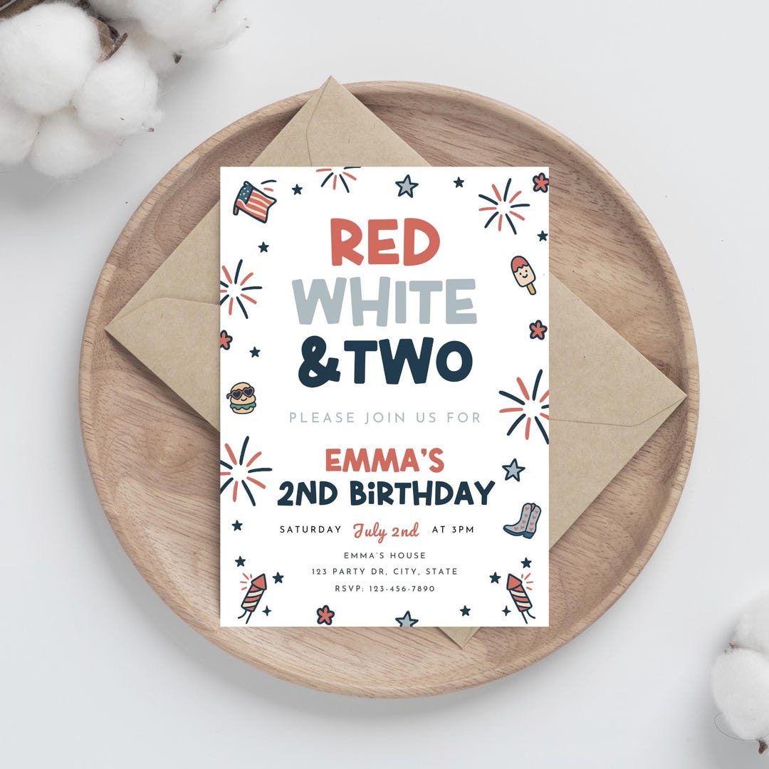 Red, White, and Two Birthday Invitation, Second Birthday Party ...
