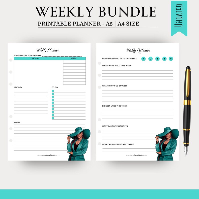 Weekly Planner and Weekly Reflection Undated, Printable Weekly Inserts ...