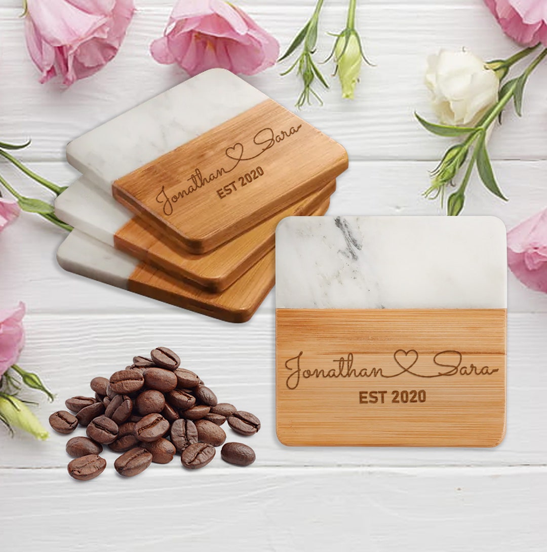 Wedding Gift Coaster, Marble & Wood Coaster Custom Marble and Wood ...