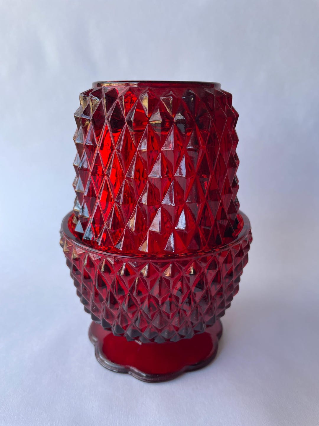Vintage Indiana Glass Red Diamond Point Fairy Lamp Votive Candle Holder ...
