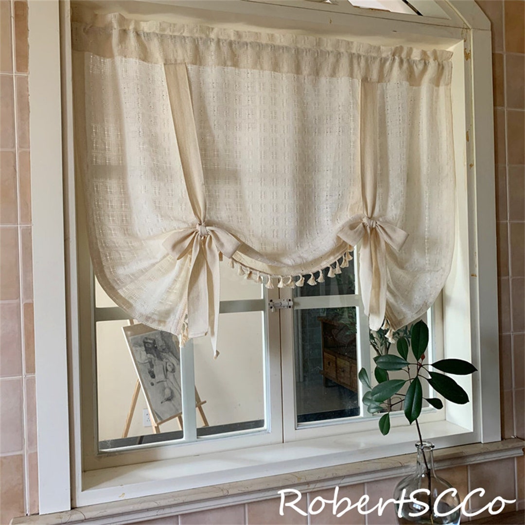 Rod Pocket Window Curtain With Tassel Beige Tie up Curtain Decorative ...