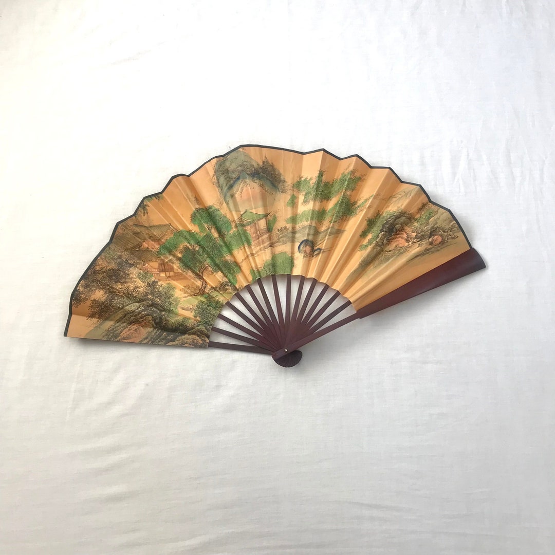 Vintage Chinese Bamboo Fan Folding Hand Painted Scenic Fabric Cotton ...