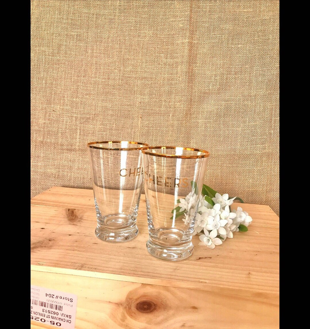 Set of 2 Gold Lettering CHEERS Beer Cups Glass Clear Transparent Ale ...