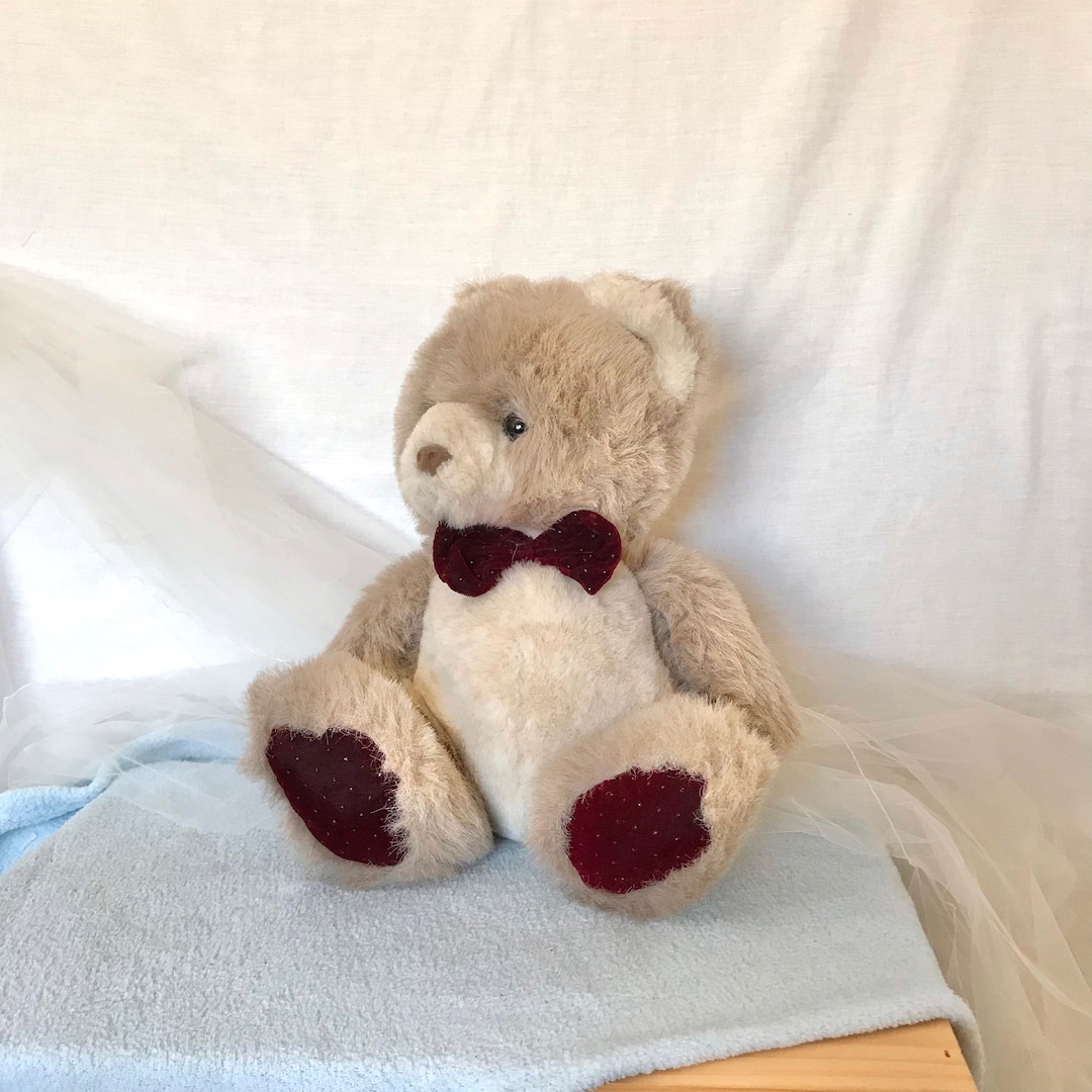 Vintage Fluffy Velvet Bowtie Teddy Bear Large Victorian Red Velvet ...