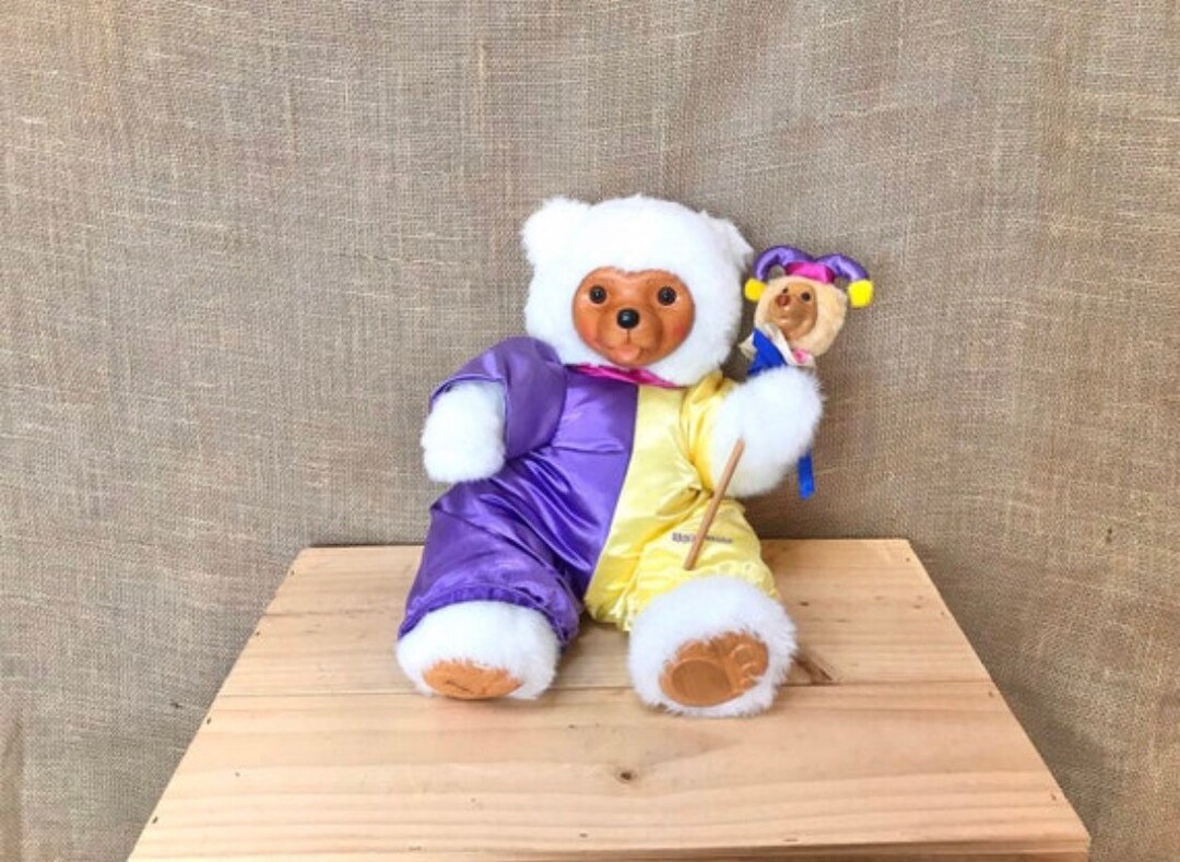 RARE Robert Raikes Jester Teddy Bear Clown With Mini Bear White Wooden ...
