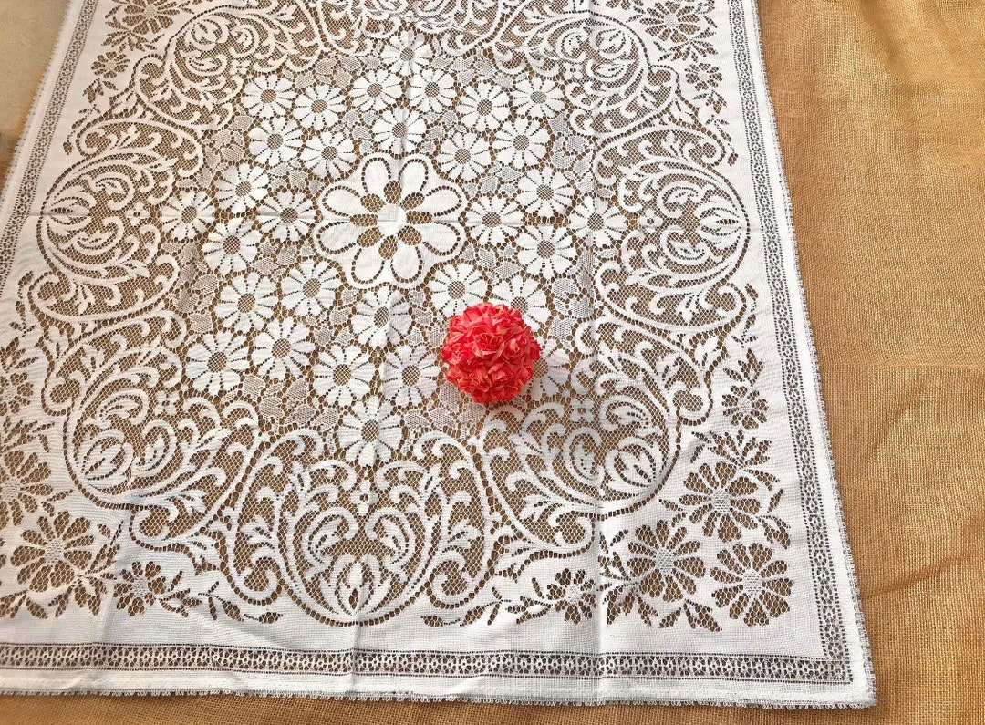 Daisy Square Lace Tablecloth Topper Crocheted Dining Crochet Table Decor Venetian White Floral ...