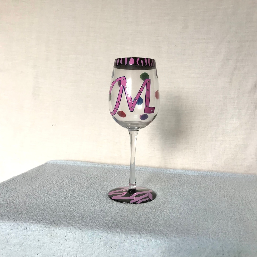 Hand Painted Letter M Initial Wine Glass Funky Girlie Wine Glass Girls ...