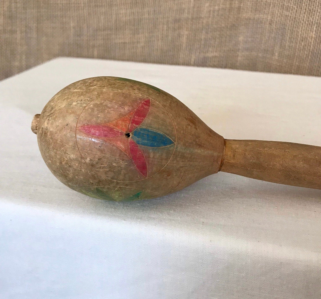 Vintage Wooden Wood Maraca Mexican Hand Painted Carved Rattle Original ...