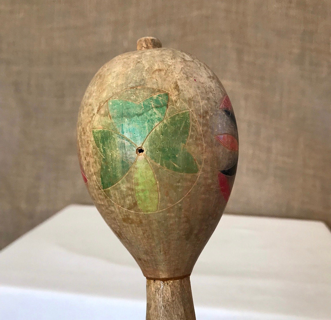 Vintage Wooden Wood Maraca Mexican Hand Painted Carved Rattle Original ...