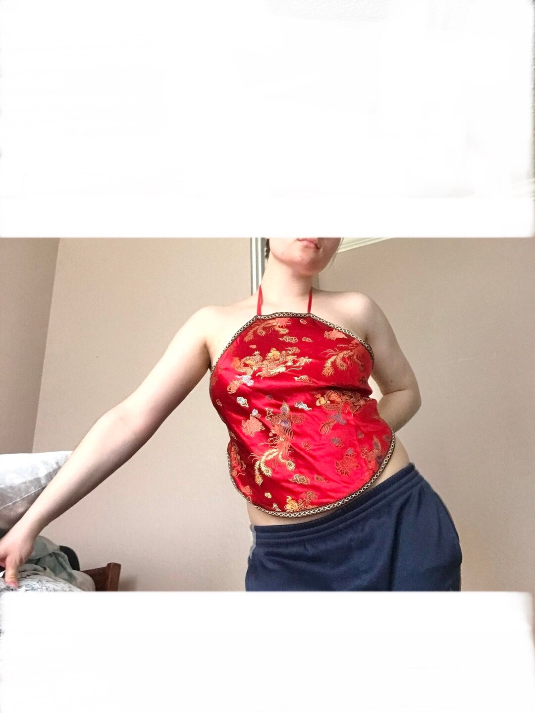 Chinese Halter Scarf Top Floral Red Chic Crop Top Strapless Tube Top ...