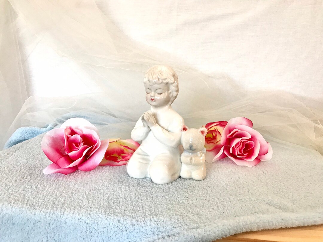 Vintage Porcelain Angel Baby Praying With Teddy Bear Blush Pink ...