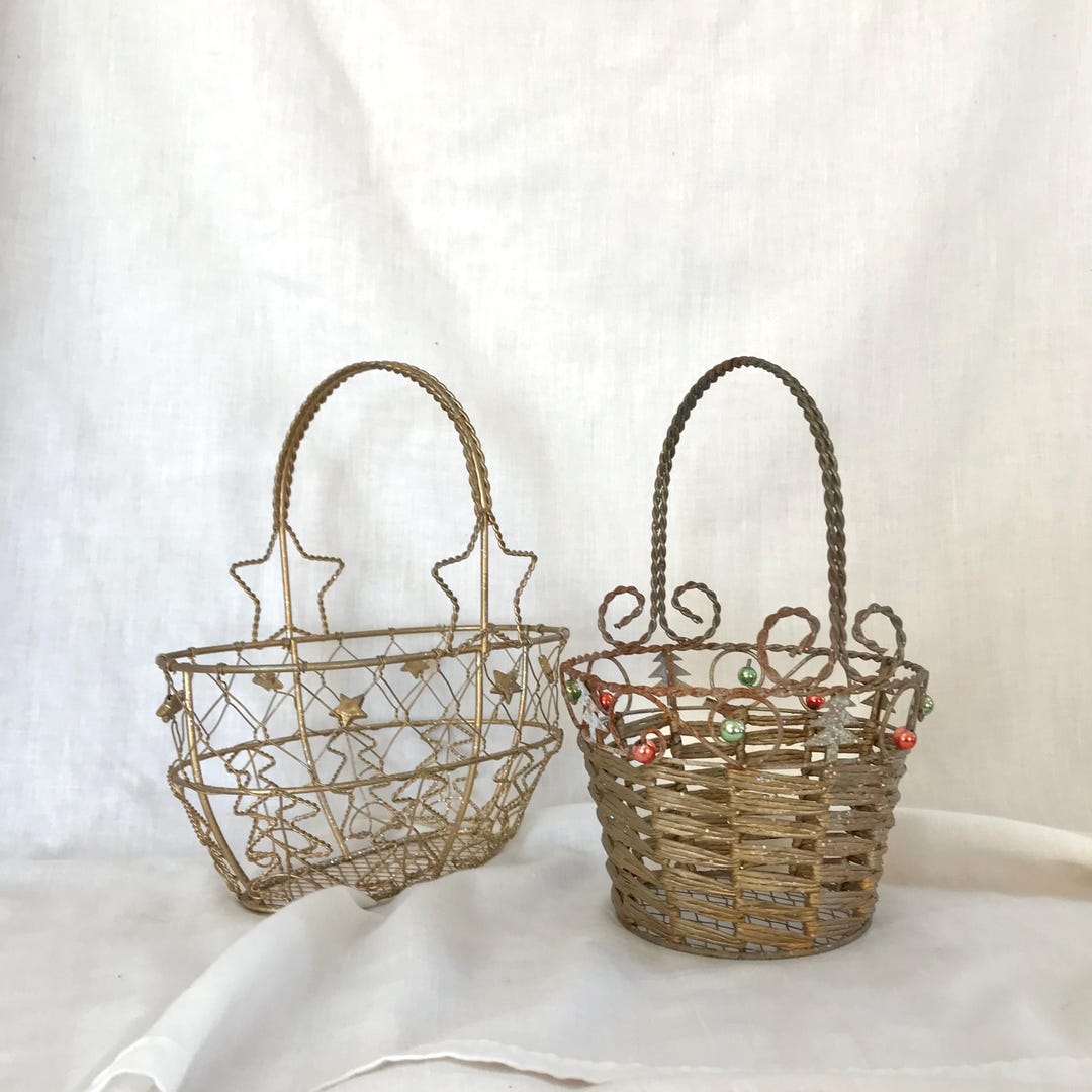 Set of 2 Sparkly Gold Wire Basket Holiday Chicken Wire Christmas Decor ...