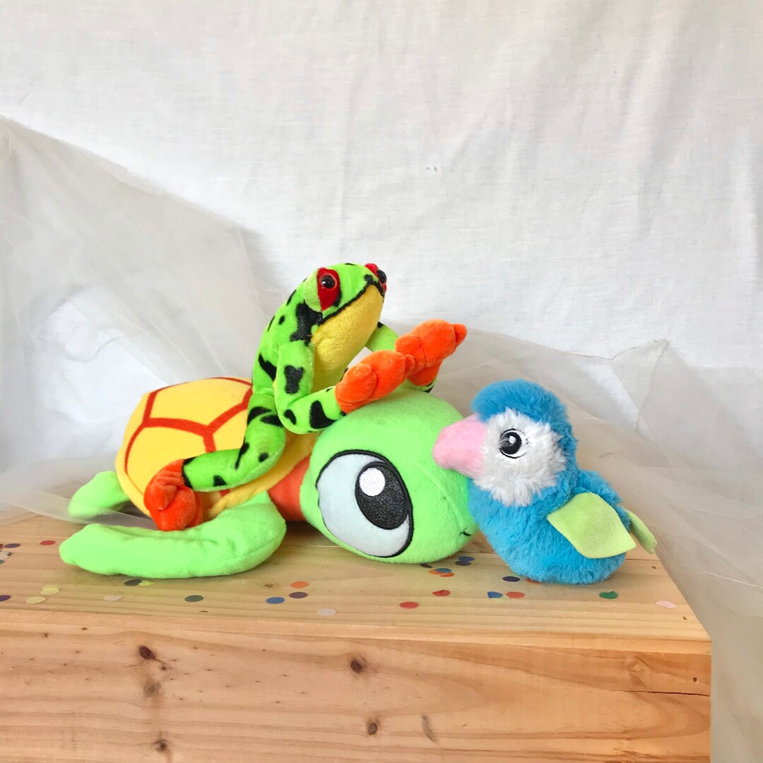 Set of 3 Neon Jungle Stuffed Animals Tree Frog Sea Turtle Parrot Bird ...