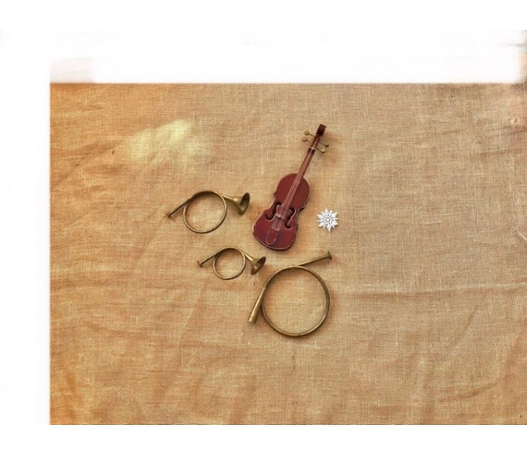 Set 4 Vintage Brass Horn and Wood Violin Small Decorative Musical ...