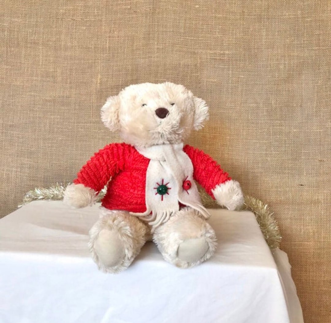Vintage Christmas Teddy Bear Dressed Winter Scarf Jingle Bell Rustic ...
