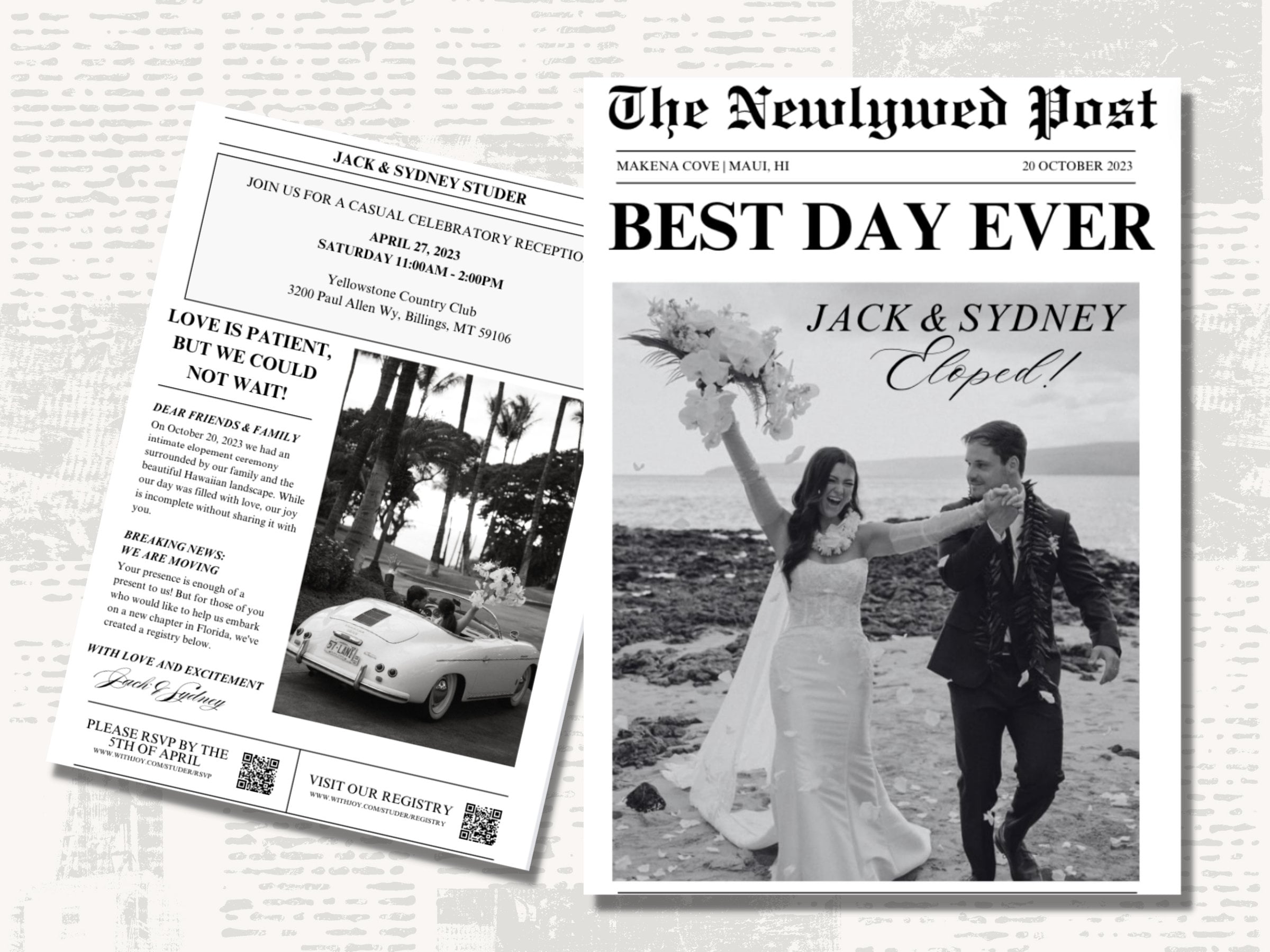 Newspaper Elopement Reception Invite Template | Newspaper Save the Date ...