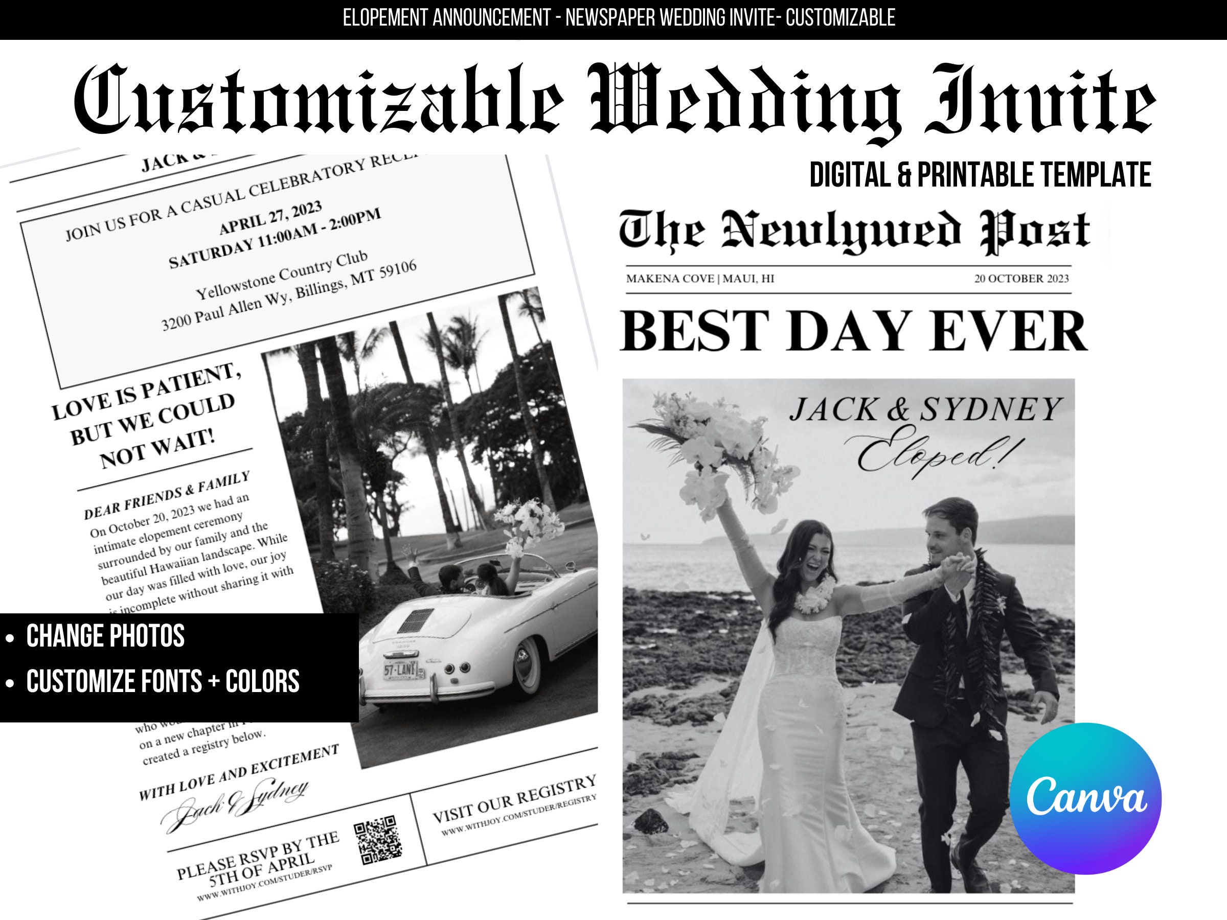 Newspaper Elopement Reception Invite Template | Newspaper Save the Date ...