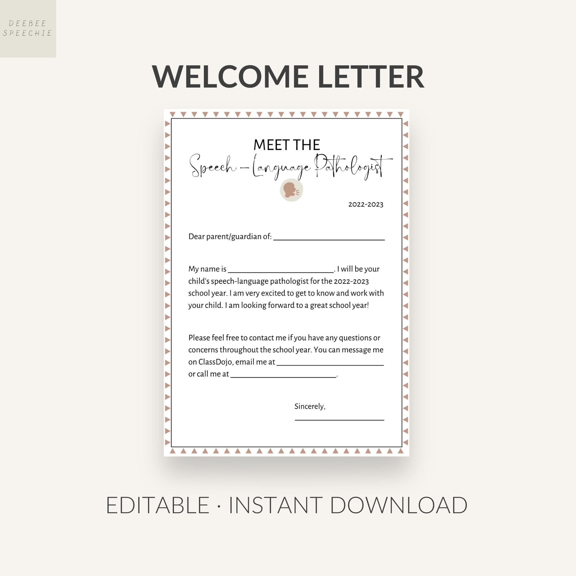 Editable Welcome Letter | Meet the Speech-language Pathologist Template ...