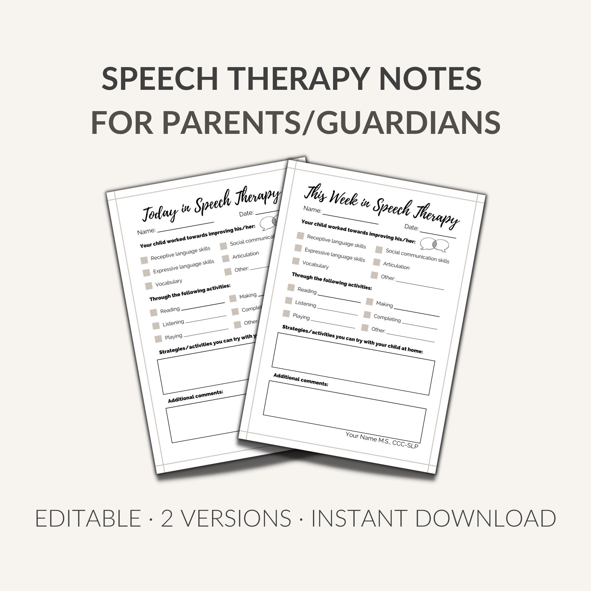 Editable Speech Therapy Note for Parents | Printable Daily & Weekly SLP ...