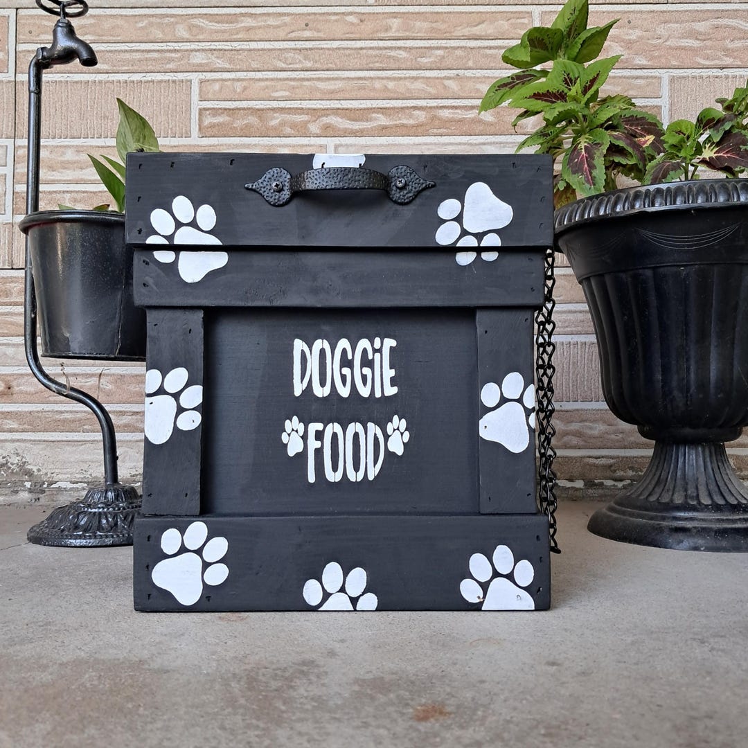 Cute Dog Food Container, Dog Food Bin, Pet Food Storage, Wood Container ...