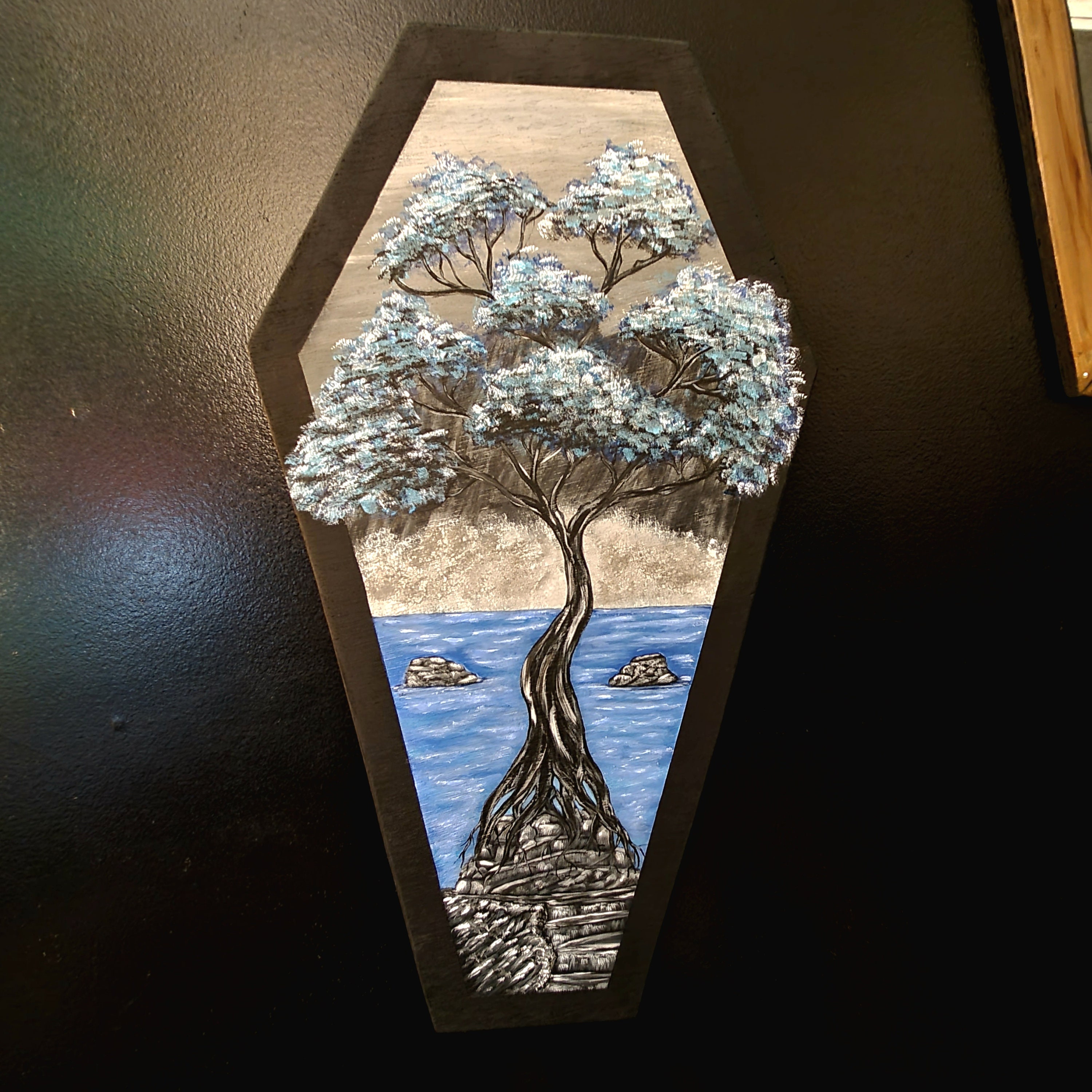 Whimsical Blue Wisteria Tree Coffin Painting, Hand Painted Coffin Sign, Wisteria Tree Painting ...