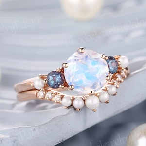 Vintage Moonstone&pearls Engagement Ring Set Unique Rainbow Moonstone ...