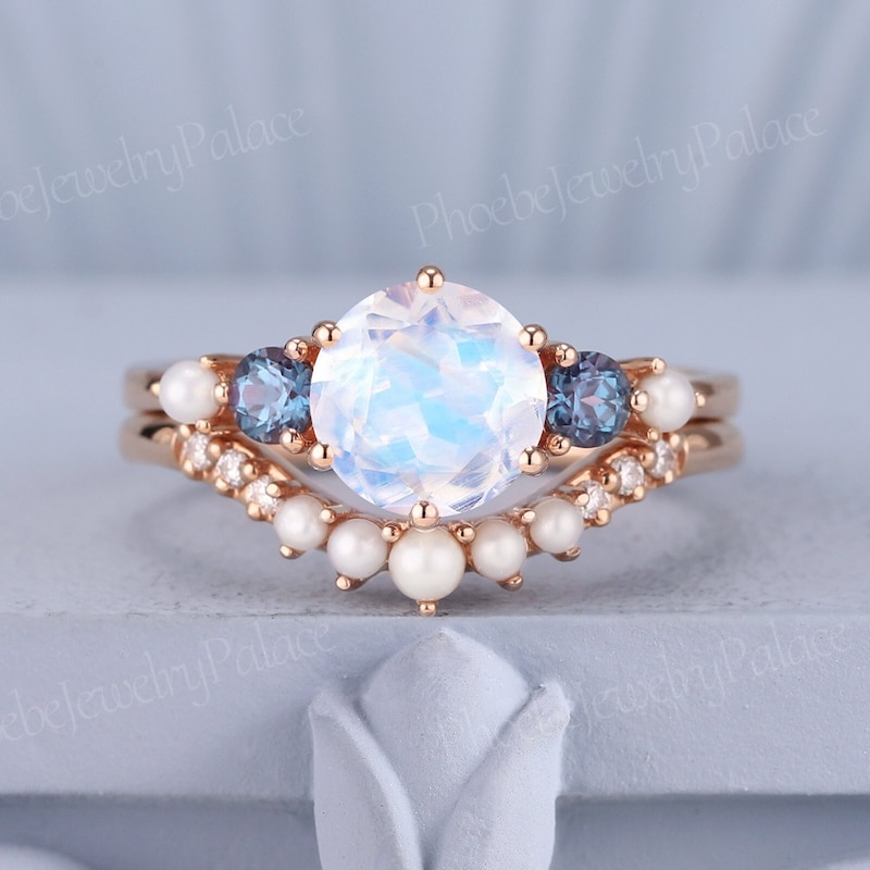 Moonstone Wedding Ring Set - Etsy