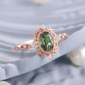 Vintage Green Sapphire Engagement Ring Art Deco Solid Rose Gold Wedding ...