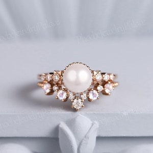 Vintage Akoya Pearl Engagement Ring Set Unique Moonstone Wedding Band ...
