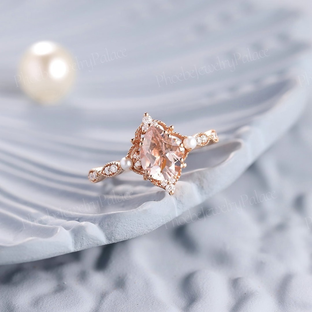 Unique Pink Morganite Engagement Ring Pear Morganite With Pearls Solid ...