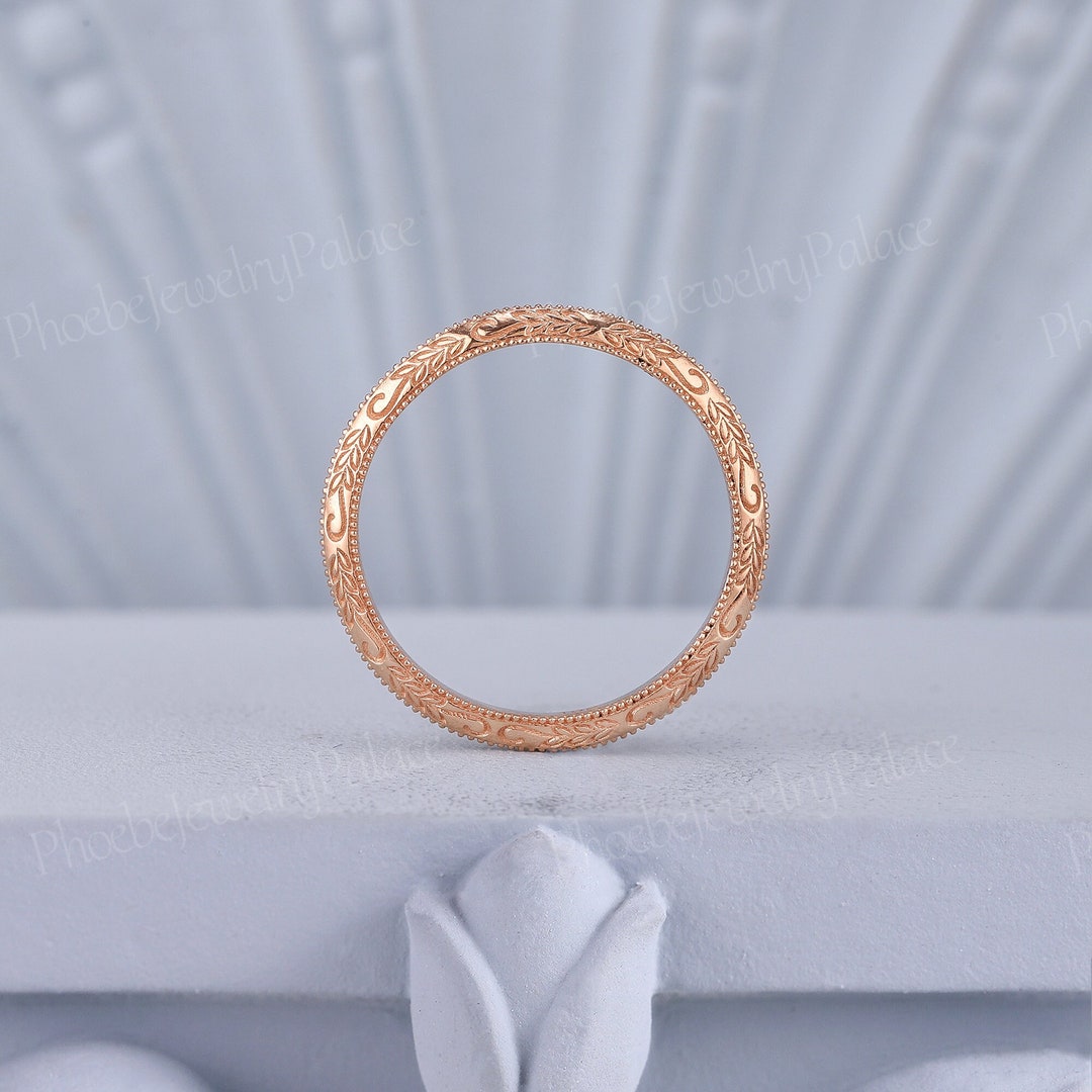 Vintage Leaf Pattern Engrave Wedding Ring Solid Gold Rings for Women ...